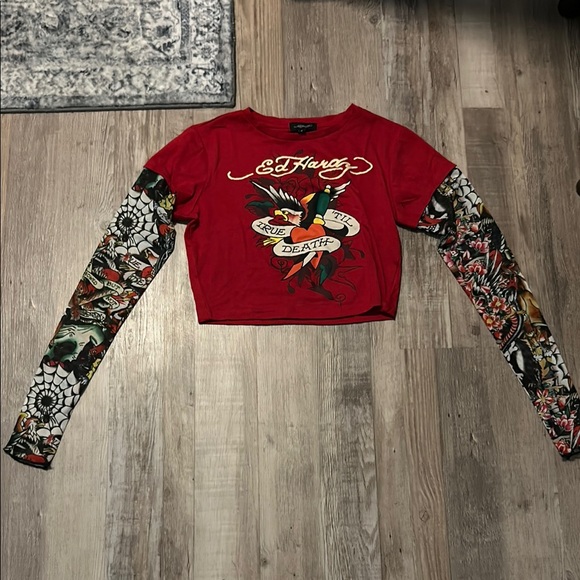 Ed Hardy | Tops | Ed Hardy Red Long Sleeve Graphic Crop Top | Poshmark